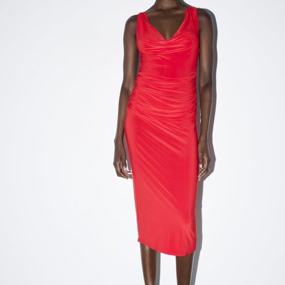Zara | Dresses | Nwt Draped Midi Open Back Red Dress | Poshmark